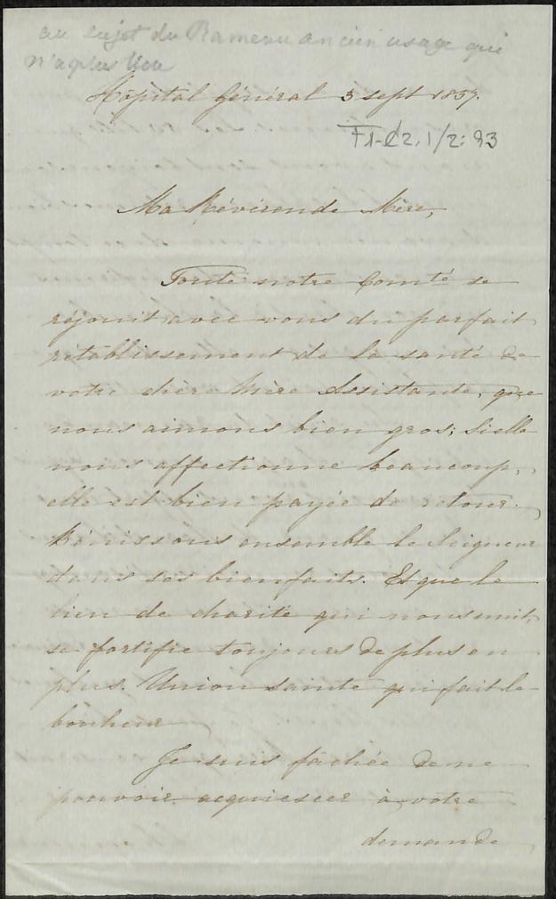 Lettre de soeur St-Catherine, Supérieure, à soeur St-Antoine (Marie ...